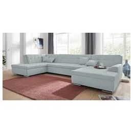 Wohnlandschaft DOMO collection "Aversa U-Form" Sofas Gr. B/H/T: 364cm x 83cm x 201cm, Softstruktur, Recamiere rechts, mit Bettfunktion, blau (pastellblau) wahlweise mit Bettfunktion, frei im Raum stellbar