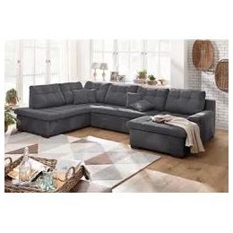 Wohnlandschaft Home Affaire "Föhr U-Form" Sofas Gr. B/H/T: 310cm x 75cm x 200cm, Microfaser MELROSE-Struktur grob, Recamiere rechts, mit Bettfunktion, schwarz (schwarz, anthrazit) wahlweise mit Bettfunktion