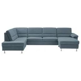 Wohnlandschaft CALIZZA INTERIORS "Onyx U-Form" Sofas Gr. B/H/T: 335 cm x 90 cm x 196 cm, Microfaser, Recamiere rechts, ohne Bettfunktion ohne Bettkasten, blau (16 steel) wahlweise mit Bettfunktion und Bettkasten