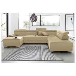 Wohnlandschaft DOMO collection "Mira U-Form" Sofas Gr. B/H/T: 337cm x 78cm x 230cm, Struktur, Recamiere links, mit Kopfteilverstellung, beige wahlweise mit Bettfunktion und Bettkasten