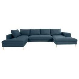 Wohnlandschaft OTTO products "Finnja, U-Form" Sofas Gr. B/H/T: 351 cm x 83 cm x 210 cm, Luxus-Microfaser mit Prägung, Recamiere rechts, ohne Bettfunktion-ohne Bettkasten, blau (dunkelblau) Wohnlandschaft Sofas