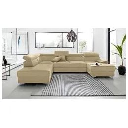 Wohnlandschaft DOMO collection "Mira U-Form" Sofas Gr. B/H/T: 337cm x 78cm x 230cm, Struktur, Recamiere rechts, mit Kopfteilverstellung, beige wahlweise mit Bettfunktion und Bettkasten