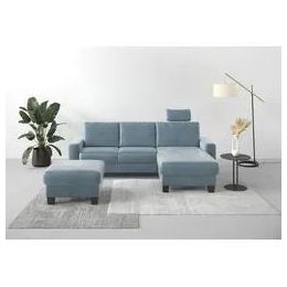 Ecksofa Home Affaire "Summer L-Form" Sofas Gr. B/H/T: 249 cm x 91 cm x 164 cm, Breitcord, Recamiere rechts, ohne Bettfunktion-ohne Bettkasten-ohne Federkern, blau (blau, grau) mit Recamiere, oder ohne Bettfunktion und Bettkasten, Cord-Bezug