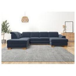 Wohnlandschaft Home Affaire "Dundee U-Form" Sofas Gr. B/H/T: 338 cm x 86 cm x 219 cm, Flachgewebe, Ottomane links, ohne Kopfteilverstellung-ohne Bettfunktion-ohne Stauraum-ohne Relax Funktion in der Recamiere, blau (graublau) wahlweise mit Kopfteilverstellung und zusätzlich Bettfunktion