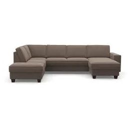 Wohnlandschaft Home Affaire "County U-Form" Sofas Gr. B/H/T: 309 cm x 81 cm x 213 cm, Luxus-Microfaser weich, Ottomane links, mit Bettfunktion-mit Bettkasten, grau (taupe) wahlweise Ottomane links oder rechts, mit Federkern-Polsterung