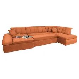 Wohnlandschaft DOMO collection "NMoric im XXL-Format, B/T/H: 353/216/80 cm, incl. Zierkissen U-Form" Sofas Gr. B/H/T: 353cm x 80cm x 216cm, Microfaser PRIMABELLE, Ottomane rechts, mit Bettfunktion-mit Armlehnenverstellung, orange (terrakotta) wahlweise mit Bettfunktion und Armlehnenverstellung