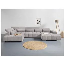 Wohnlandschaft COTTA "Orion U-Form" Sofas Gr. B/H/T: 409 cm x 73 cm x 225 cm, Microfaser, Ottomane links-Recamiere rechts, grau (stone) inkl. Kopfteilverstellung und Zierkissen