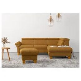 Ecksofa Home Affaire "Lindgren L-Form" Sofas Gr. B/H/T: 249cm x 84cm x 217cm, Struktur, Ottomane rechts, mit Bettfunktion mit einklappbaren Rollen-mit Stauraum-mit Kopfteilverstellung-ohne TV-Funktion motorisch ohne Stauraum-mit Federkern, gelb (mustard) wahlweise mit TV-Funktion, Stauraum und Kopfteilverstellung