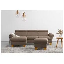 Ecksofa Home Affaire "Lindgren L-Form" Sofas Gr. B/H/T: 258cm x 84cm x 169cm, Luxus-Microfaser Florence, Recamiere links, mit Bettfunktion mit einklappbaren Rollen-mit Relaxfunktion motorisch im Recamiere-mit Kopfteilverstellung-ohne Bettkasten-mit Federkern, braun (nuss) wahlweise mit Bett klappbaren Rollen, Kasten und Kopfverstellung