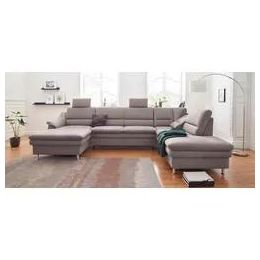 Sit & More Wohnlandschaft SIT & MORE "Cardoso U-Form" Sofas Gr. B/H/T: 324cm x 90cm x 90cm, Luxus-Microfaser 1, Recamiere links, mit Relaxfunktion-mit Bettfunktion, grau (steel) mit Federkern und Kopfstützen, Bettfunktion Relaxfunktion