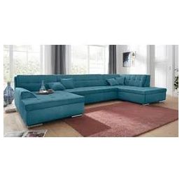 Wohnlandschaft DOMO collection "Aversa U-Form" Sofas Gr. B/H/T: 364cm x 83cm x 201cm, Luxus-Microfaser, Recamiere links, mit Bettfunktion, blau (türkis) wahlweise mit Bettfunktion, frei im Raum stellbar