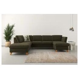 Wohnlandschaft Home Affaire "Trelleborg U-Form" Sofas Gr. B/H/T: 307 cm x 86 cm x 213 cm, Struktur, Ottomane links, ohne Bettfunktion-ohne Stauraum, grün (olive) Federkern-Polsterung, wahlweise mit Bettfunktion und Stauraum