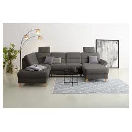 Wohnlandschaft Home Affaire "Westerland U-Form" Sofas Gr. B/H/T: 303cm x 90cm x 213cm, Olympia EASY CLEAN, Ottomane links, mit Bettfunktion, Stauraum und Armlehnfunktion, grau Federkern, wahlweise Bettfunktion, Stauraum und Armlehn-Verstellung