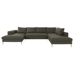 Wohnlandschaft OTTO products "Finnja, U-Form" Sofas Gr. B/H/T: 371cm x 83cm x 210cm, Struktur fein, Recamiere links, XL-Breite-mit Bettfunktion-mit Bettkasten, grün Wohnlandschaft Sofas