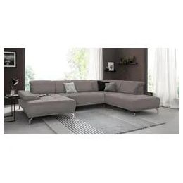 Wohnlandschaft Places of Style "Caluna U-Form" Sofas Gr. B/H/T: 332 cm x 81 cm x 234 cm, Flachgewebe, Recamiere links, grau (hellgrau) mit Sitztiefen- und Kopfteilverstellung