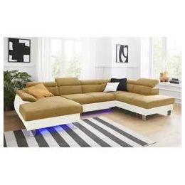 Wohnlandschaft COTTA "Komaris U-Form" Sofas Gr. B: 320 cm, Kunstleder SOFTLUX-Struktur, Ottomane rechts, mit Bettfunktion-mit Bettkasten-mit RGB-LED-Beleuchtung-mit Kopfteilverstellung, beige (creme, mustard) inklusive Kopfteilverstellung, wahlweise mit Bettfunktion und RGB-LED