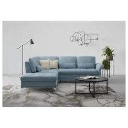 Ecksofa Inosign "Palm Beach L-Form" Sofas Gr. B/H/T: 263cm x 89cm x 224cm, Olympia EASY CLEAN, Ottomane links, mit Sitztiefenverstellung-mit Bettfunktiom-mit Stauraum-mit Armteilverstellung, blau (hellblau) Federkern, mit Sitztiefenverstellung, wahlweise Bettfunktion