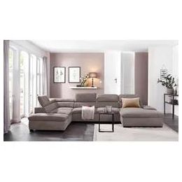 Wohnlandschaft Home Affaire "Alberto U-Form" Sofas Gr. B/H/T: 350cm x 73cm x 228cm, Luxus-Microfaser weich, Recamiere rechts, mit Bettfunktion, grau (taupe) mit Kopfteilverstellung, wahlweise Bettfunktion