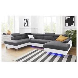 Wohnlandschaft COTTA "Komaris U-Form" Sofas Gr. B: 320 cm, Kunstleder SOFTLUX-Struktur, Ottomane links, ohne Bettfunktion-ohne Bettkasten-mit RGB-LED-Beleuchtung-mit Kopfteilverstellung, weiß (white, stone) inklusive Kopfteilverstellung, wahlweise mit Bettfunktion und RGB-LED