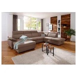 Wohnlandschaft Home Affaire "Mauritius U-Form" Sofas Gr. B/T: 354 cm x 232 cm, Struktur fein, Ottomane rechts, ohne Bettfunktion-ohne Bettkasten, braun (hellbraun) mit Kopfteil- und Armlehnverstellung, wahlweise Bettfunktion