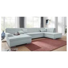 Wohnlandschaft DOMO collection "Aversa U-Form" Sofas Gr. B/H/T: 364cm x 83cm x 201cm, Softstruktur, Recamiere links, mit Bettfunktion, blau (pastellblau) wahlweise mit Bettfunktion, frei im Raum stellbar