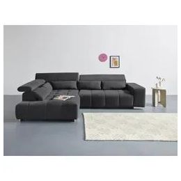 Ecksofa COTTA "Orion L-Form" Sofas Gr. B/H/T: 310cm x 70cm x 225cm, Luxus-Microfaser, Ottomane links, schwarz mit Ottomane, inklusive verstellbarer Kopfstützen und 5 Nierenkissen