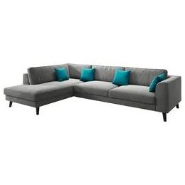 Ecksofa Inosign "Laurentia, L-Form" Sofas Gr. B/H/T: 294cm x 83cm x 203cm, Samt, Ottomane links, grün (grau/zierkissen petrol) mit 4 Zierkissen, Ottomane links oder rechts bestellbar