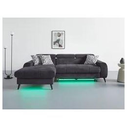 Ecksofa COTTA "Mia L-Form" Sofas Gr. B/H/T: 236cm x 74cm x 164cm, Chenille, Recamiere links, Mit Bettfunktion-mit Bettkasten-mit RGB-LED-Beleuchtung-mit Wireless Charger, schwarz 3-tlg.-Kissen-Set, Recamiere, wahlweise mit oder ohne RGB-Beleuchtung