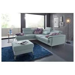 Sit & More Ecksofa SIT & MORE "Percy L-Form" Sofas Gr. B/T: 270cm x 235cm, Feinstruktur, Ottomane links, mit Kopfteilverstellung-mit satiniertem Nickelfuß, blau (aqua) 12 cm Fußhöhe, Sitztiefenverstellung, wahlweise in 2 Fußfarben