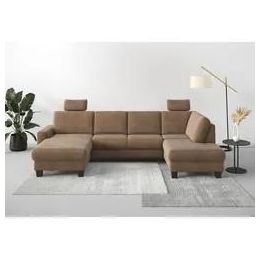 Wohnlandschaft Home Affaire "Summer U-Form" Sofas Gr. B/H/T: 314 cm x 91 cm x 170 cm, Breitcord, Recamiere links, ohne Bettfunktion-ohne Bettkasten-mit Federkern, braun (latte) mit oder ohne Bettfunktion und Bettkasten, wengefarbene Holzfüße