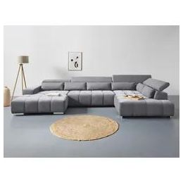 Wohnlandschaft COTTA "Orion U-Form" Sofas Gr. B/H/T: 409 cm x 73 cm x 225 cm, Chenille, Ottomane rechts-Recamiere links, grau (stone) inkl. Kopfteilverstellung und Zierkissen