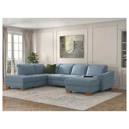 Sit & More Wohnlandschaft SIT & MORE "Dundee U-Form" Sofas Gr. B/H/T: 338cm x 86cm x 219cm, Struktur weich, Ottomane links, mit Kopfteilverstellung-ohne Bettfunktion-ohne Stauraum, blau (hellblau) mit Federkern und Massivholzfüßen, wahlweise Kopfteilverstellung