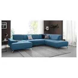 Wohnlandschaft Places of Style "Caluna U-Form" Sofas Gr. B/H/T: 332cm x 81cm x 234cm, Struktur flausch, Recamiere links, blau (azur) mit Sitztiefen- und Kopfteilverstellung