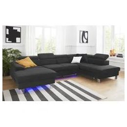 Wohnlandschaft COTTA "Komaris U-Form" Sofas Gr. B: 320cm, Kunstleder SOFTLUX, Ottomane rechts, ohne Bettfunktion-ohne Bettkasten-mit RGB-LED-Beleuchtung-mit Kopfteilverstellung, schwarz inklusive Kopfteilverstellung, wahlweise mit Bettfunktion und RGB-LED