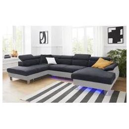 Wohnlandschaft COTTA "Komaris U-Form" Sofas Gr. B: 320 cm, Kunstleder SOFTLUX-Struktur, Ottomane links, ohne Bettfunktion-ohne Bettkasten-ohne RGB-LED-Beleuchtung-mit Kopfteilverstellung, grau (argent, black) inklusive Kopfteilverstellung, wahlweise mit Bettfunktion und RGB-LED