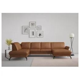 Sit & More Wohnlandschaft SIT & MORE "Fashion U-Form" Sofas Gr. B/H/T: 338cm x 84cm x 207cm, Luxus-Microfaser mit Prägung, Ottomane links, mit Kopfteilverstellung, braun (cognac) wahlweise mit Kopfteilverstellung, Vorziehsitz, motorisch, Metallfüße