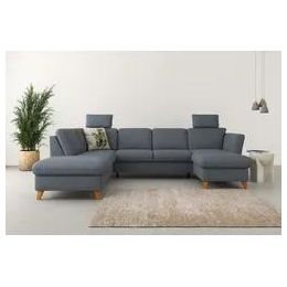 Wohnlandschaft Home Affaire "Trelleborg U-Form" Sofas Gr. B/H/T: 307cm x 86cm x 213cm, Chenille-Optik, Ottomane links, mit Bettfunktion-mit Stauraum, blau (blaugrau) Federkern-Polsterung, wahlweise mit Bettfunktion und Stauraum