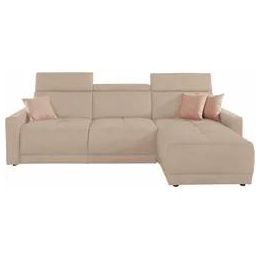 Ecksofa DOMO collection "Ava L-Form" Sofas Gr. B/H/T: 262cm x 84cm x 167cm, Microfaser PRIMABELLE, Recamiere rechts, mit Kopfteilverstellung, beige (natur) mit Recamiere, Federkern wahlweise Kopfteilverstellungen