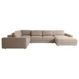 Wohnlandschaft Places of Style "Bloomfield, U-Form" Sofas Gr. B/H/T: 405cm x 84cm x 224cm, Struktur grob, mega-Recamiere rechts, XXL mit Sitztiefenverstellung, beige (portabella) mit extra tiefer Sitzfläche, wahlweise Sitztiefenverstellung