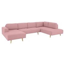 Wohnlandschaft Home Affaire "Lasse U-Form" Sofas Gr. B/H/T: 355cm x 84cm x 203cm, Struktur fein, Ottomane rechts, rosa (rosé) im scandinavischem Stil mit Holzfüßen