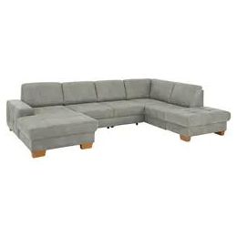 Wohnlandschaft Home Affaire "Puccini U-Form" Sofas Gr. B/H/T: 340 cm x 86 cm x 224 cm, Luxus-Microfaser Vintageoptik, Ottomane rechts, mit Bettfunktion-mit Stauraum, grau (hellgrau) mit Federkern, Sitztiefenverstellung, Kontrastnaht