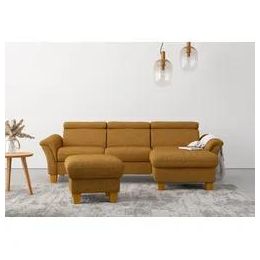 Ecksofa Home Affaire "Lindgren L-Form" Sofas Gr. B/H/T: 258cm x 84cm x 169cm, Struktur, Recamiere rechts, mit Bettfunktion mit einklappbaren Rollen-mit Bettkasten-mit Kopfteilverstellung-ohne Relaxfunktion motorisch im Recamiere-ohne Federkern, gelb (mustard) wahlweise mit Bett klappbaren Rollen, Kasten und Kopfverstellung