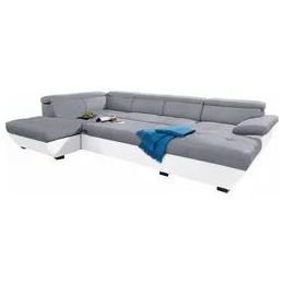 Wohnlandschaft COTTA "Speedway U-Form" Sofas Gr. B/H/T: 332cm x 79cm x 102cm, Kunstleder SOFTLUX-Luxus-Microfaser, Recamiere rechts, mit Bettfunktion-mit Bettkasten-mit Kopfteilverstellung, grau (weiß, grau) wahlweise mit Bettfunktion und Bettkasten