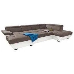 Wohnlandschaft COTTA "Speedway U-Form" Sofas Gr. B/H/T: 332cm x 79cm x 102cm, Flachgewebe-Struktur, Recamiere links, mit Bettfunktion-mit Bettkasten-mit Kopfteilverstellung, beige (natur, braun) wahlweise mit Bettfunktion und Bettkasten