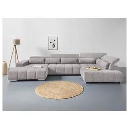 Wohnlandschaft COTTA "Orion U-Form" Sofas Gr. B/H/T: 409 cm x 73 cm x 225 cm, Microfaser, Ottomane rechts-Recamiere links, grau (stone) inkl. Kopfteilverstellung und Zierkissen