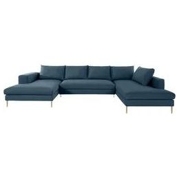 Wohnlandschaft OTTO products "Finnja, U-Form" Sofas Gr. B/H/T: 351 cm x 83 cm x 210 cm, Luxus-Microfaser mit Prägung, Recamiere links, ohne Bettfunktion-ohne Bettkasten, blau (dunkelblau) Wohnlandschaft Sofas