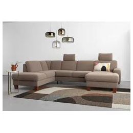 Wohnlandschaft Home Affaire "Vision U-Form" Sofas Gr. B/H/T: 315cm x 90cm x 215cm, Struktur weich, Ottomane links, mit Bettfunktion-mit Stauraum, grau (taupe) wahlweise mit Bettfunktion und Stauraum, auch in Easy Care-Bezug