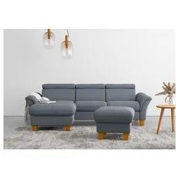 Ecksofa Home Affaire "Lindgren L-Form" Sofas Gr. B/H/T: 258cm x 84cm x 169cm, Chenille, Recamiere links, mit Bettfunktion mit einklappbaren Rollen-mit Relaxfunktion motorisch im Recamiere-mit Kopfteilverstellung-ohne Bettkasten-ohne Federkern, blau (hellblau) wahlweise mit Bett klappbaren Rollen, Kasten und Kopfverstellung