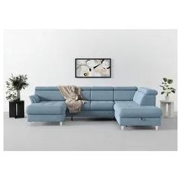 Sit & More Wohnlandschaft SIT & MORE "Marano U-Form", blau (hellblau), B:304cm T:216cm, 98% Polyester, 2% Polyamid, Sofas, inklusive Kopfteilverstellung, wahlweise mit Bettfunktion, Bettkasten