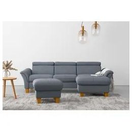 Ecksofa Home Affaire "Lindgren L-Form" Sofas Gr. B/H/T: 258cm x 84cm x 169cm, Chenille, Recamiere rechts, mit Bettfunktion mit einklappbaren Rollen-mit Relaxfunktion motorisch im Recamiere-mit Kopfteilverstellung-ohne Bettkasten-mit Federkern, blau (hellblau) wahlweise mit Bett klappbaren Rollen, Kasten und Kopfverstellung